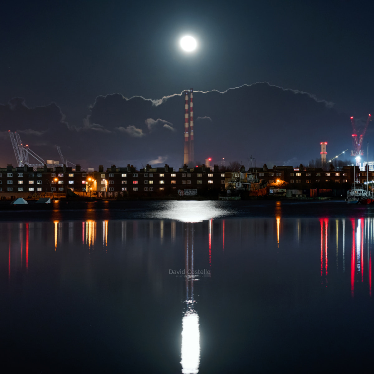 Moonrise above the Poolbeg Chimneys Print - Grand Canal Dock